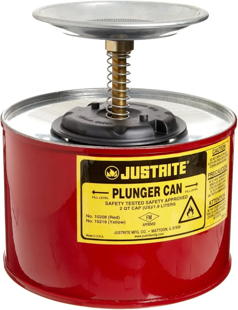 Justrite 2 Quart Steel Plunger Dispensing Can, Perforated Pan Screen S