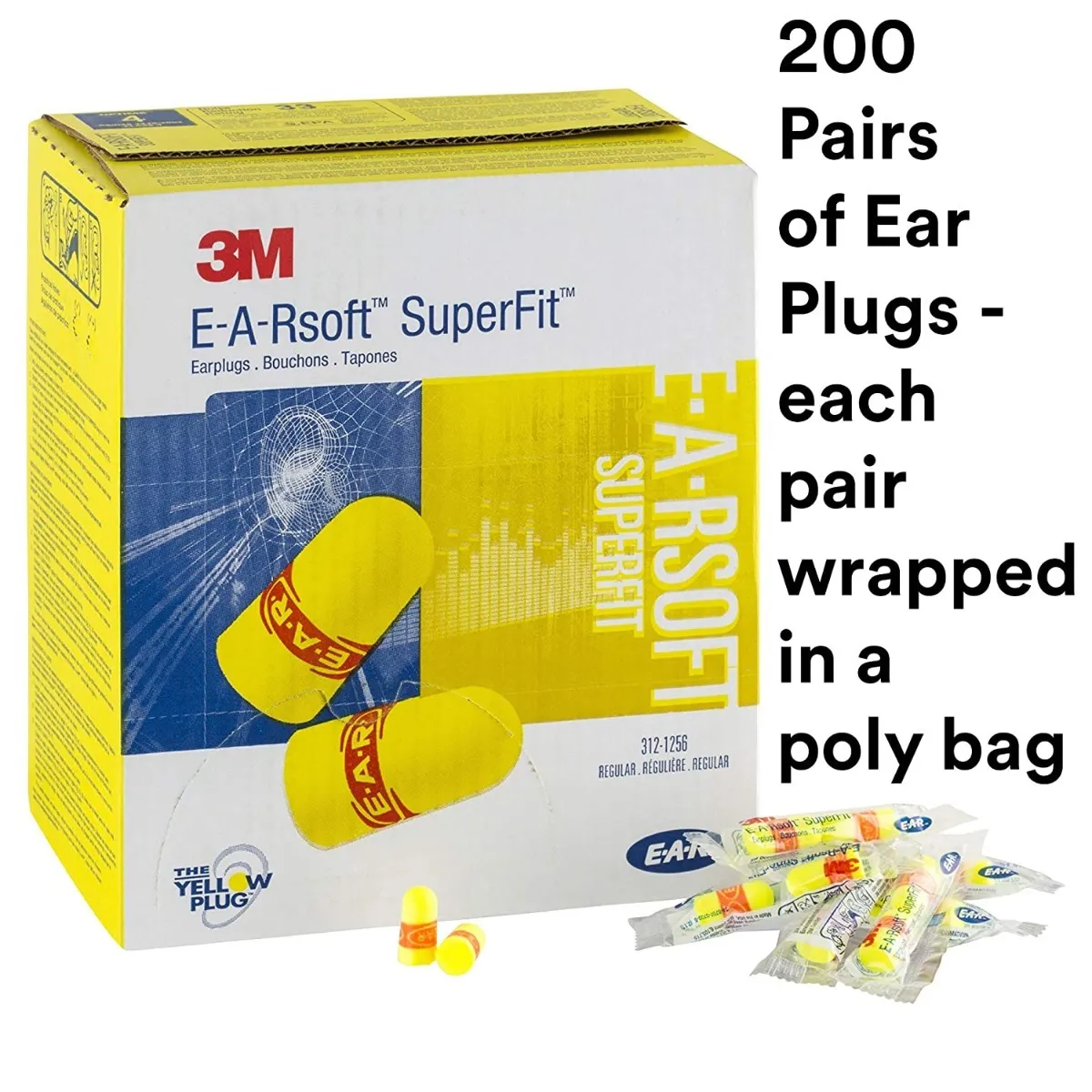 3M™ 312-1256 E-A-Rsoft™ SuperFit™ Earplugs Uncorded, Poly Bag, Regula